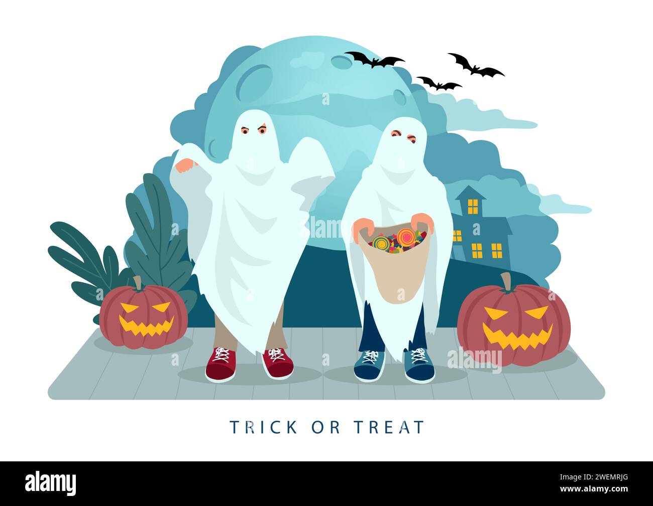 Kids trick or treat in Halloween night, wearing ghost costume with ...