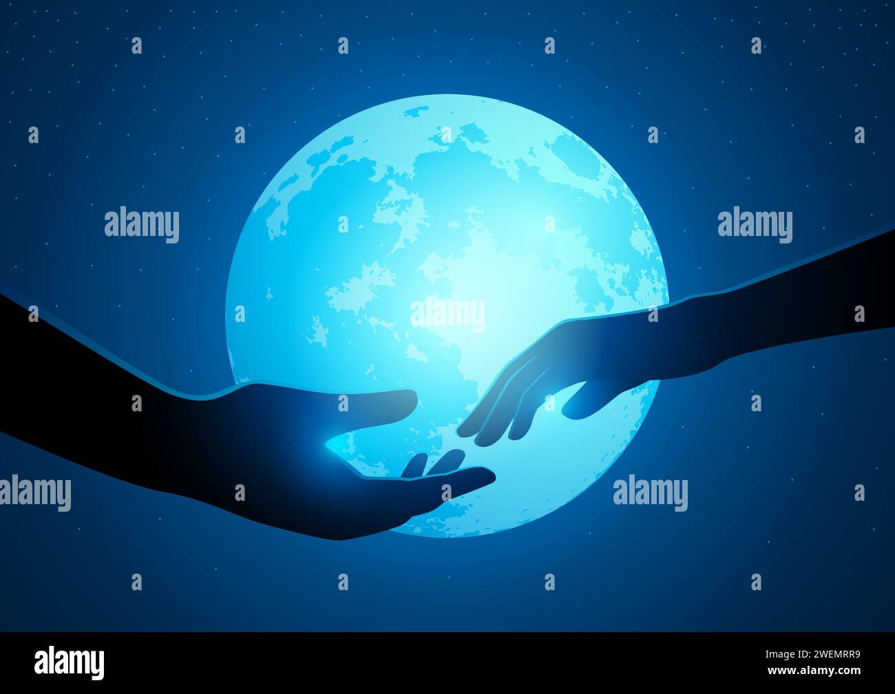 Couple hands reaching to one another on a full moon background ...