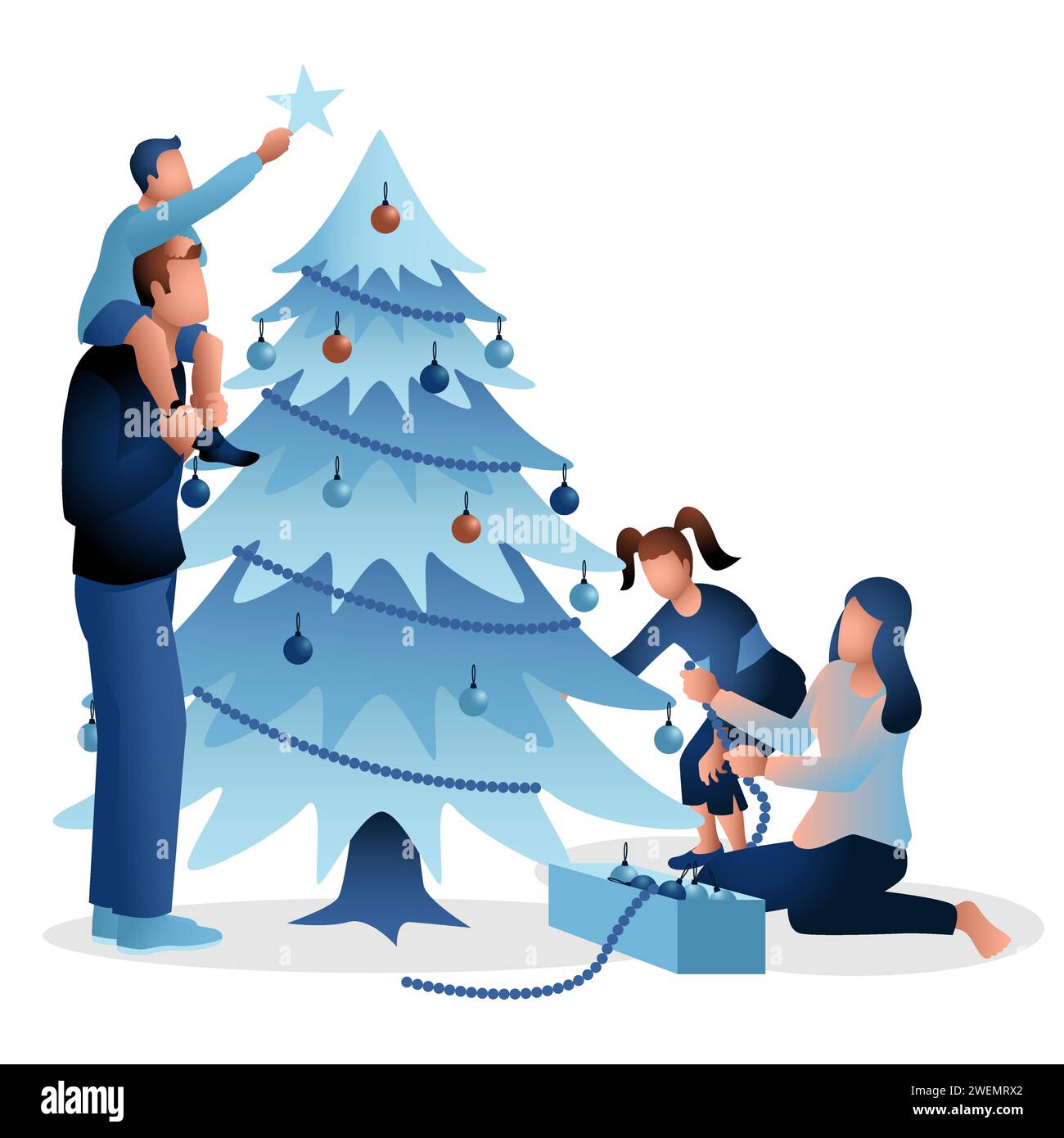 Vector illustration of happy family decorating Christmas tree in blue ...
