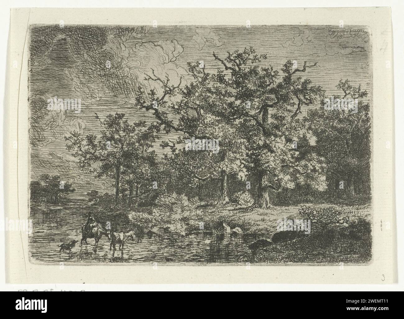 Landscape with trees and woman on donkey in shallow water, Willem Jan ...