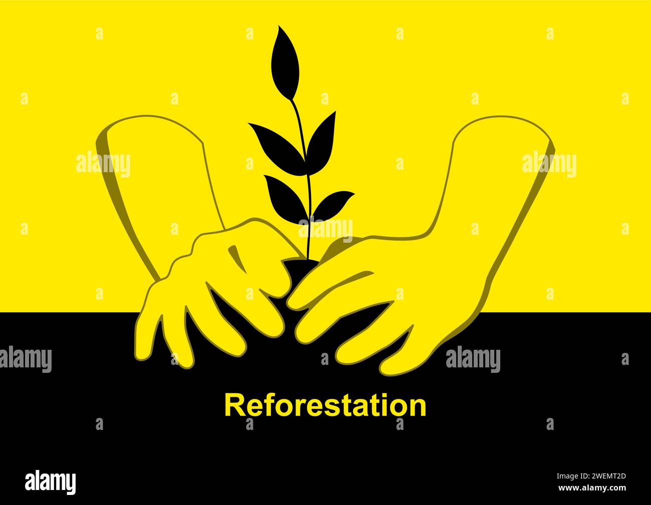 Simple flat vector illustration of hands planting a tree, reforestation ...