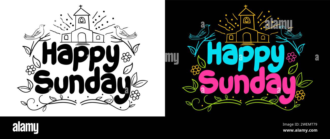 Happy Sunday typography text vector illustration with Church doodle ...