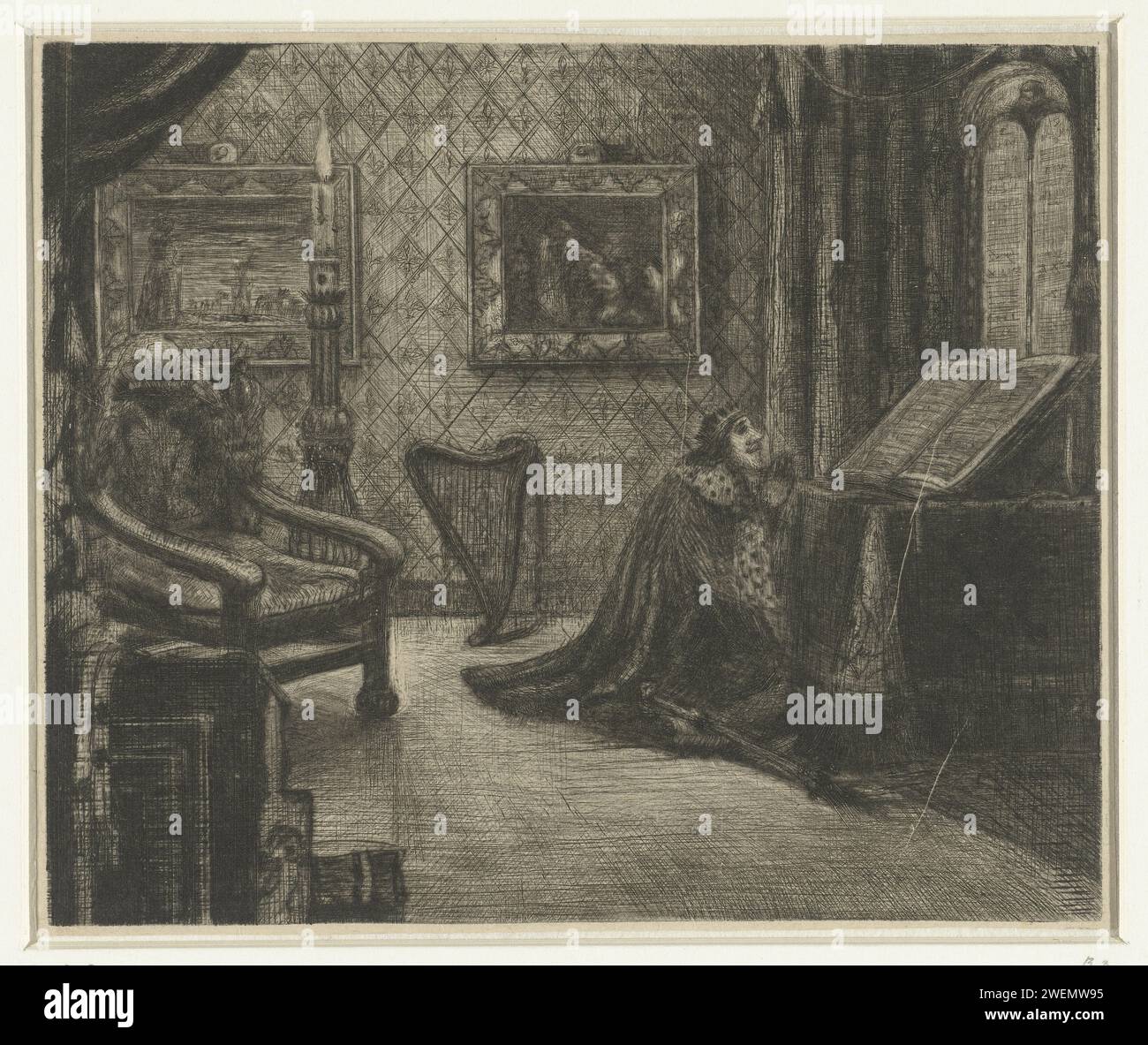 King David in Prayer, Anonymous, 1630 - 1750 print Interior with King ...
