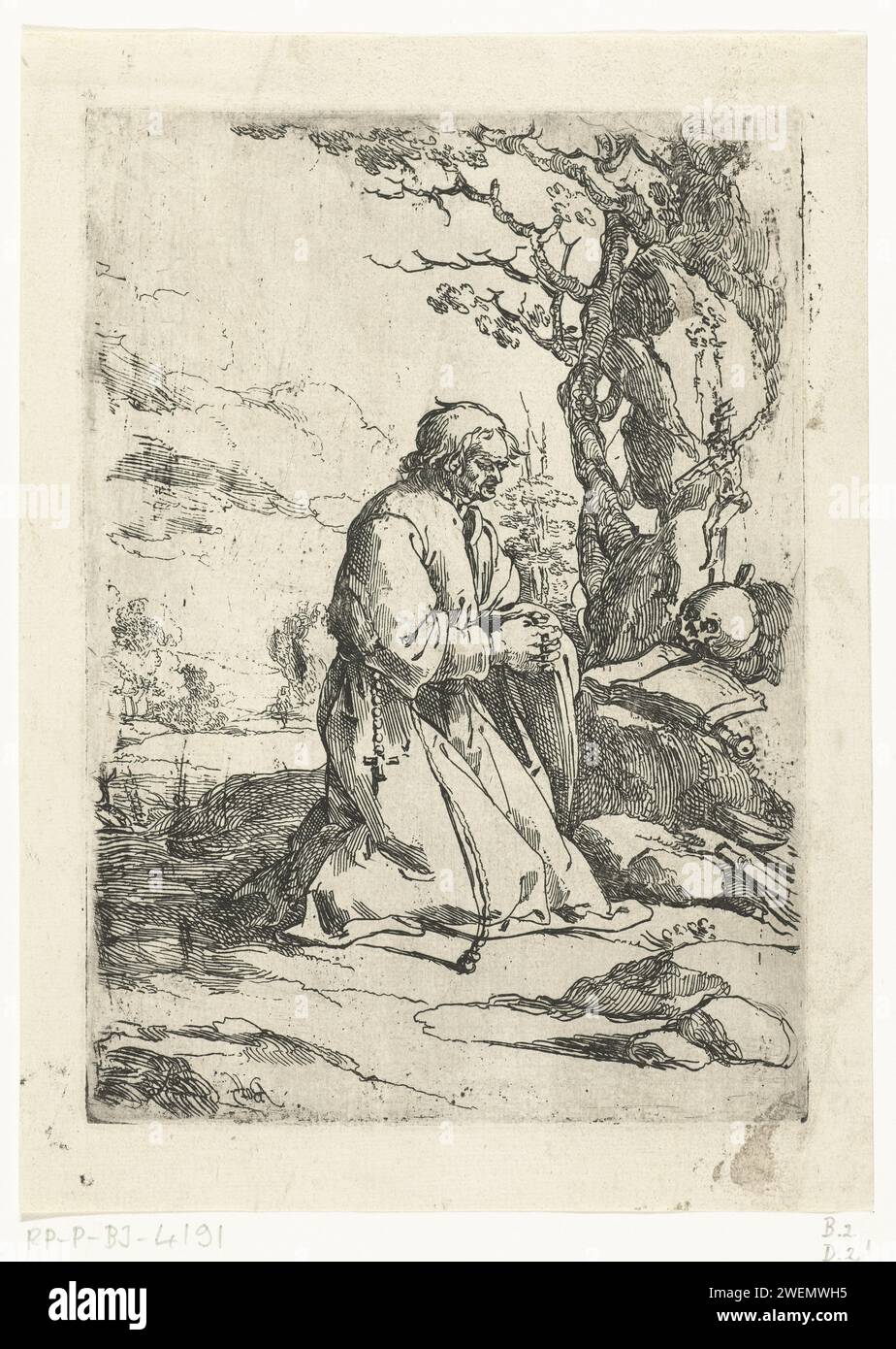 Kneeling hermit, Andries Both, c. 1622 - c. 1642 print A hermit prays ...