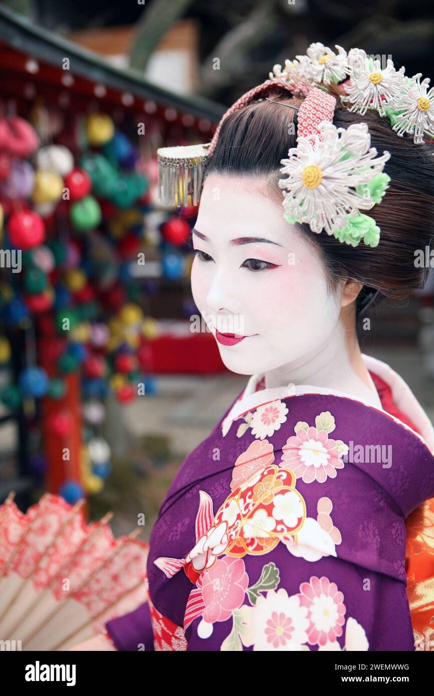 Beautiful Japanese Geisha Maiko In Kyoto Japan With Umbrella Stock