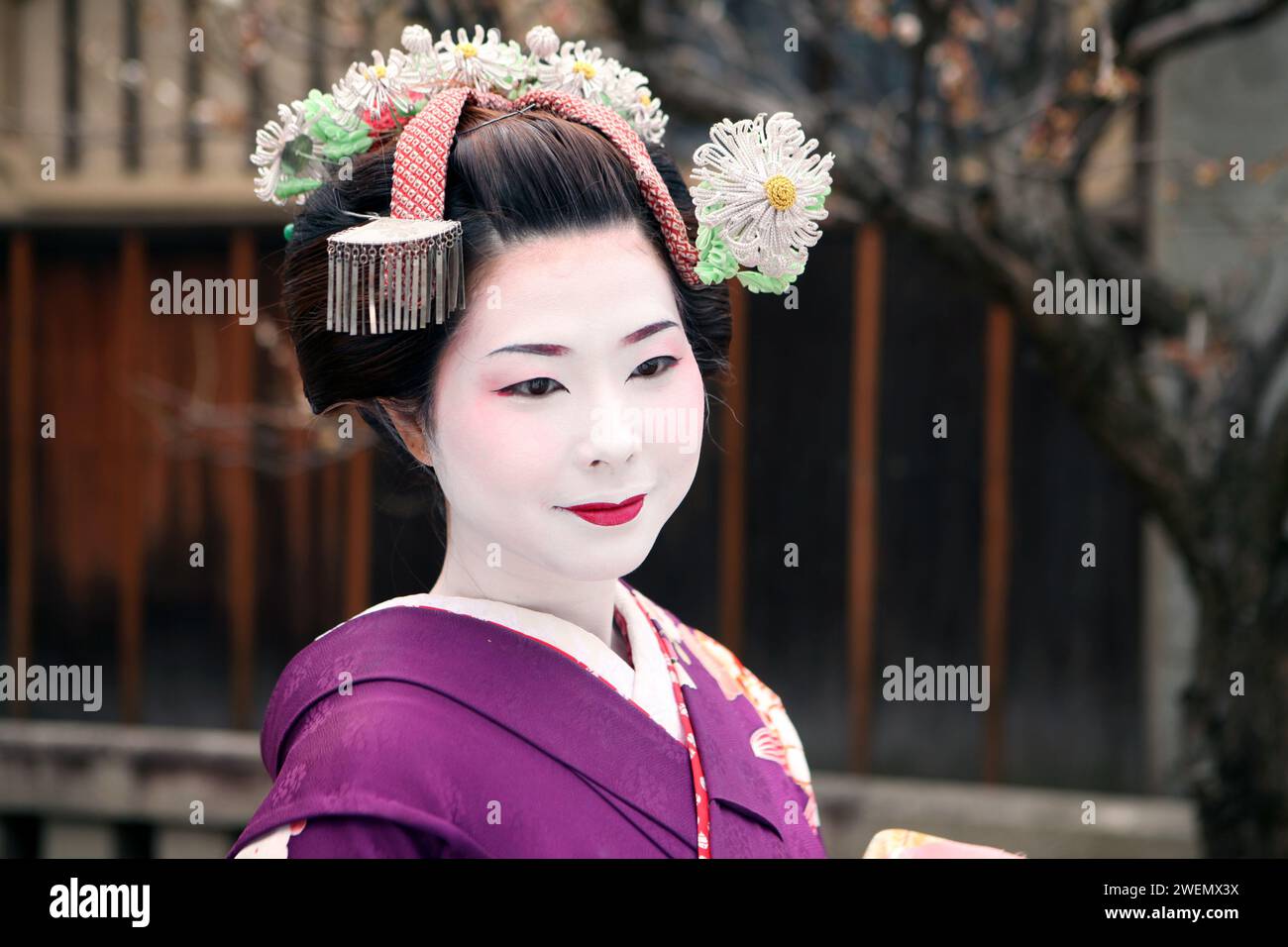 Beautiful Japanese Geisha Maiko In Kyoto Japan With Umbrella Stock