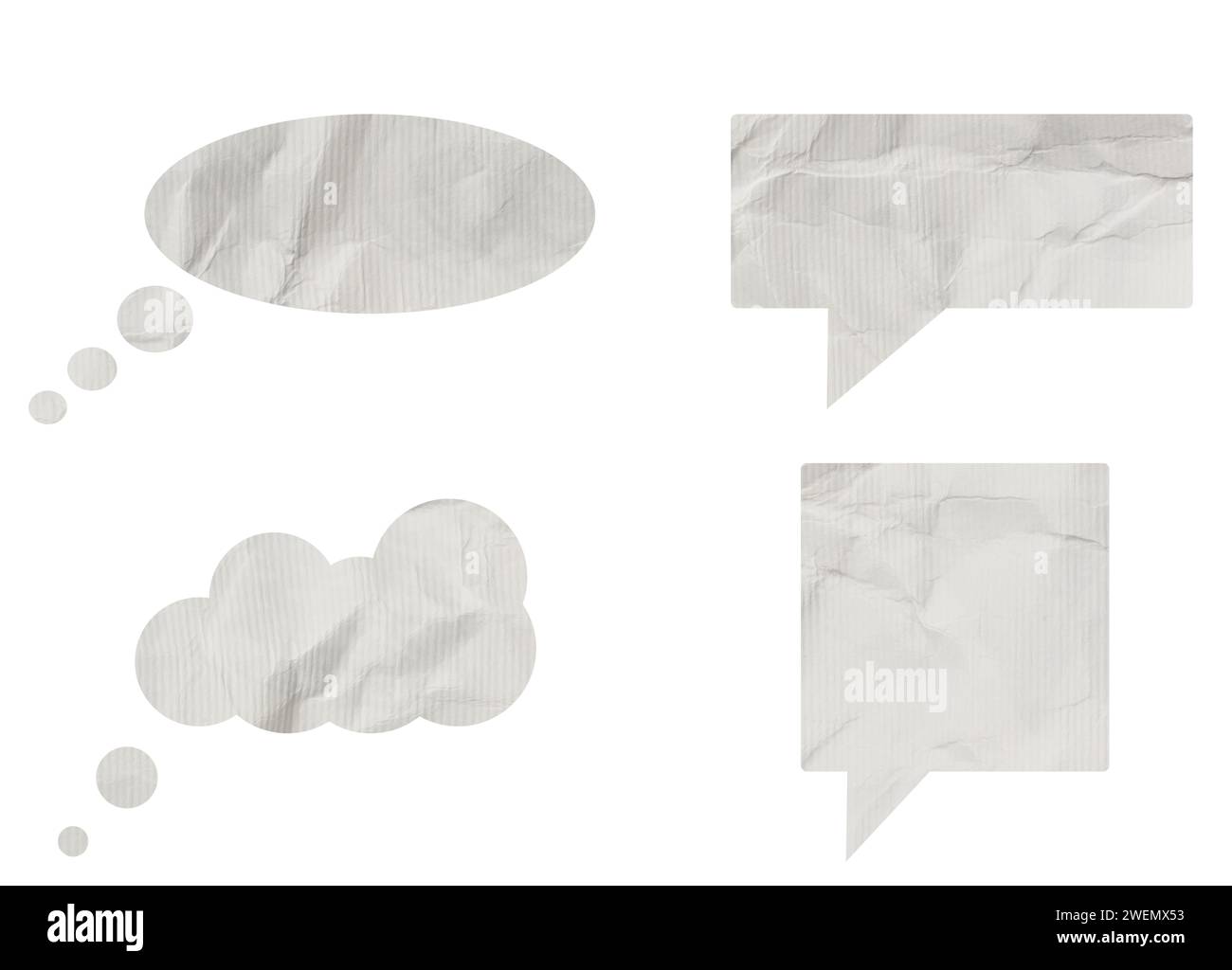 Conversation clouds cut made of white crumpled paper on isolated ...