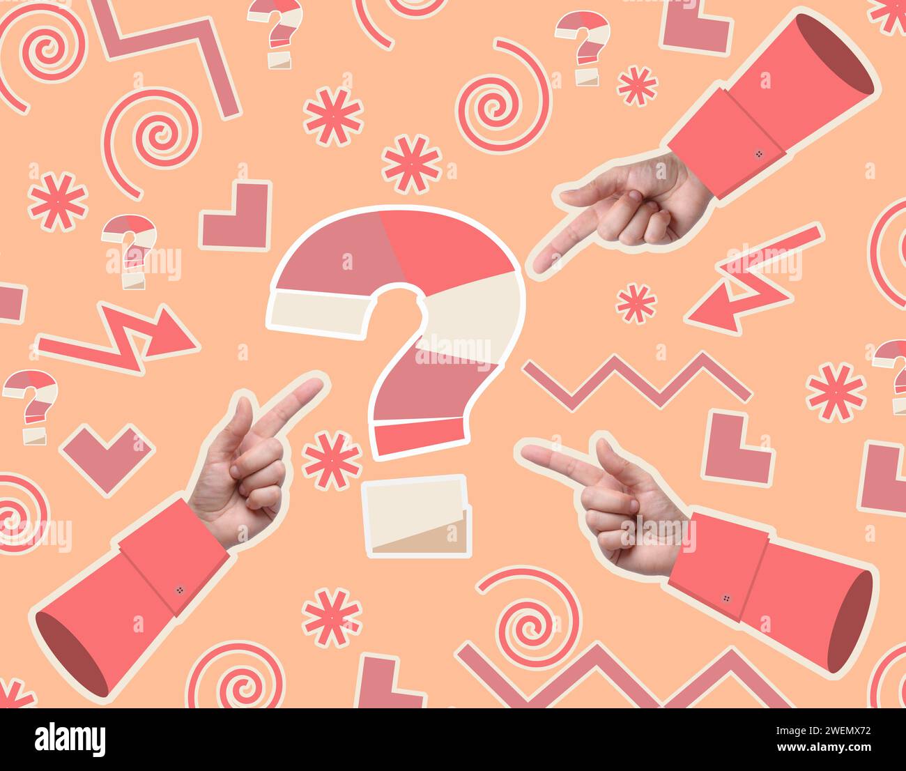 Woman's hand points with index finger at question mark, truth seeking ...