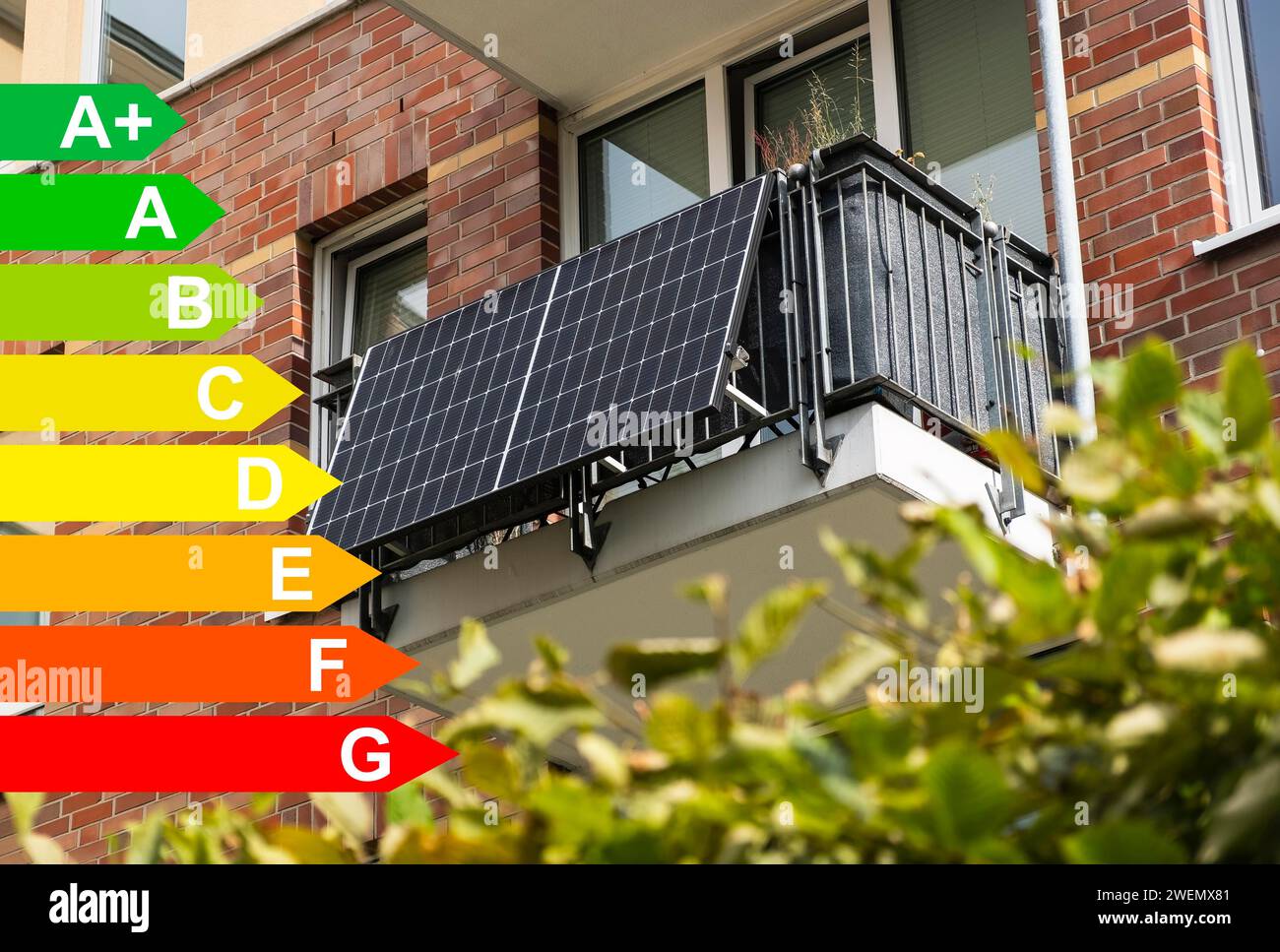 Balcony power station on an apartment block, diagram with energy ...