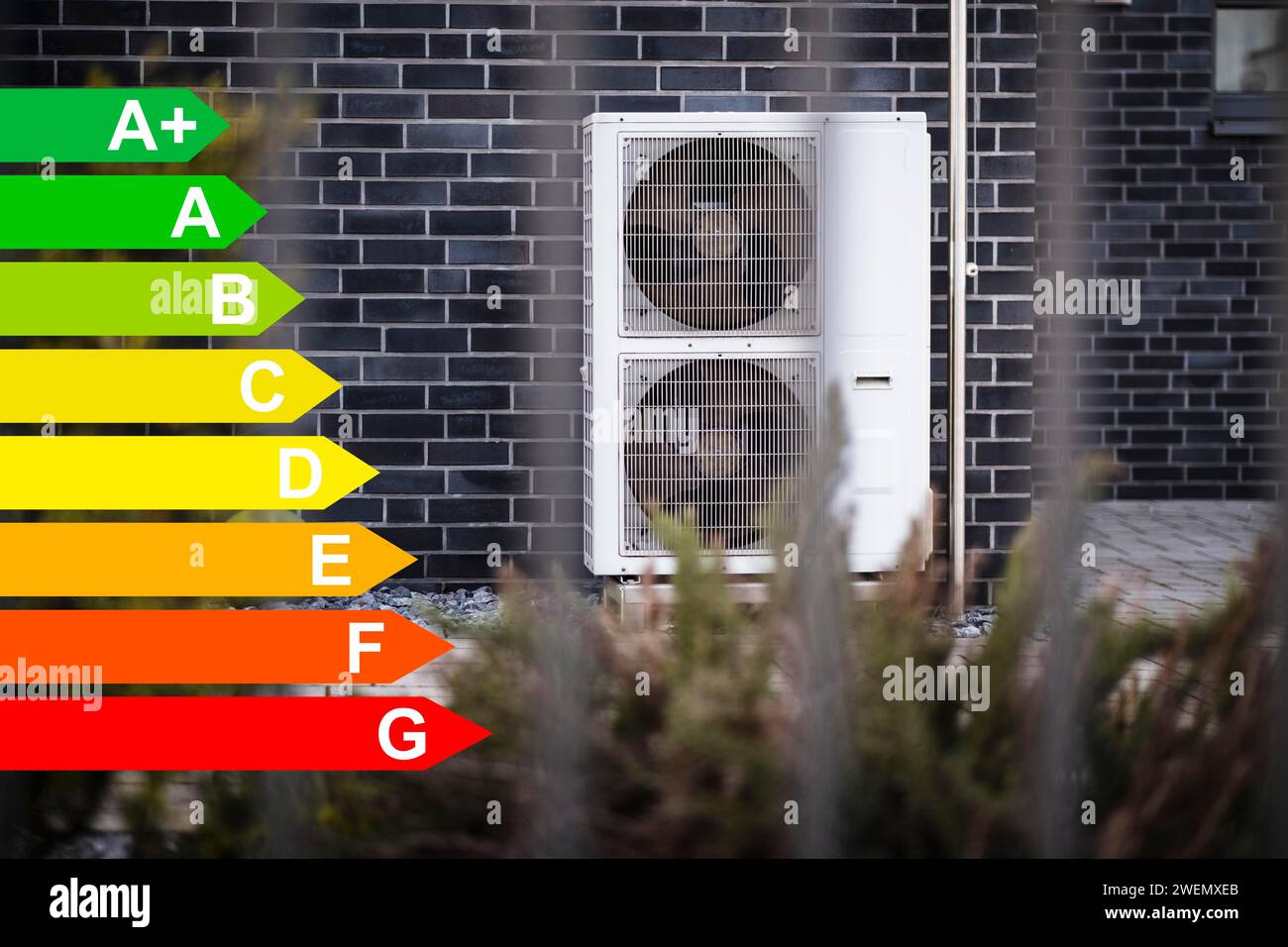 Heat pump hybrid heating in the front garden of a detached house ...
