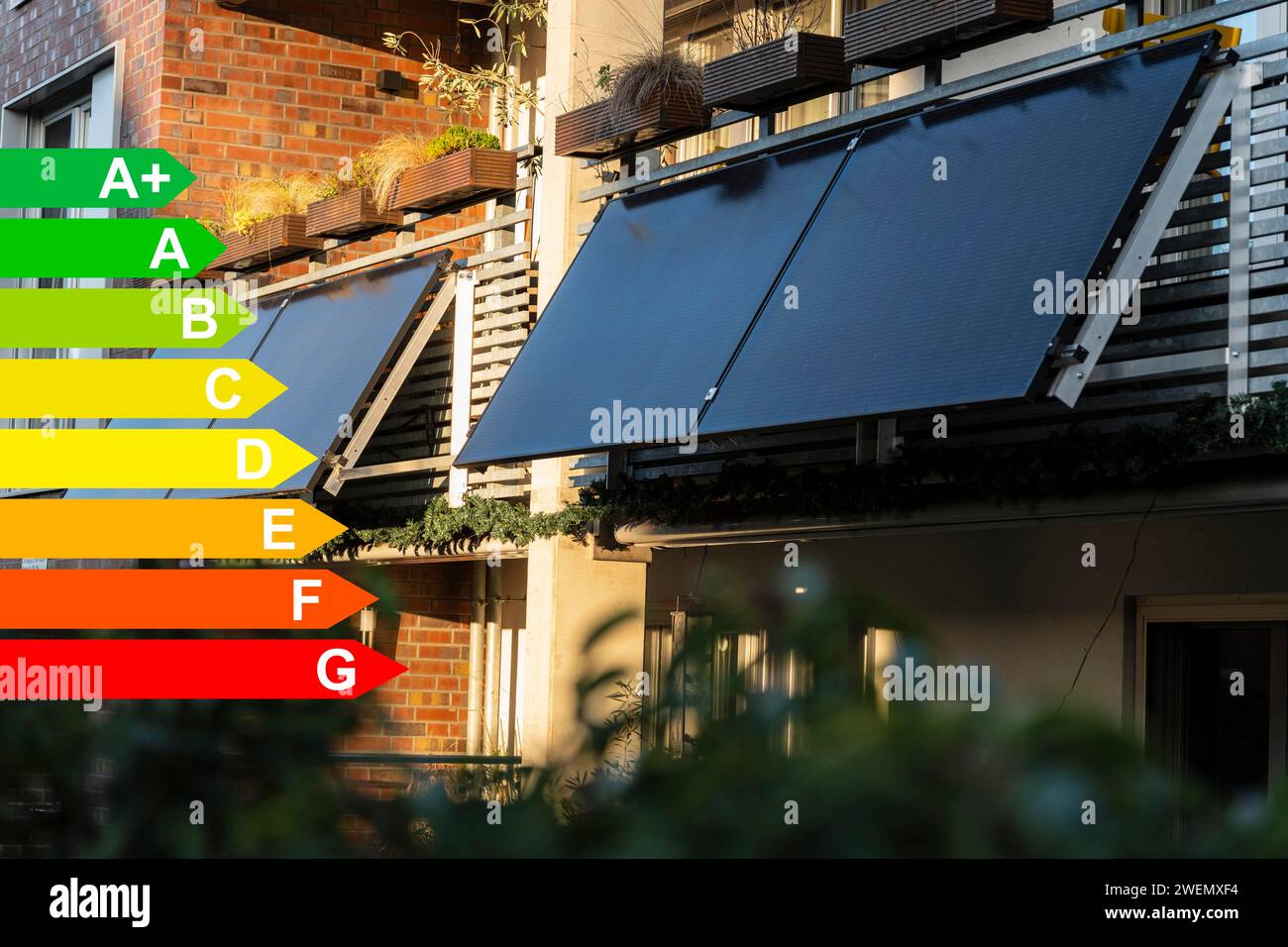 Balcony power station on an apartment block, diagram with energy ...
