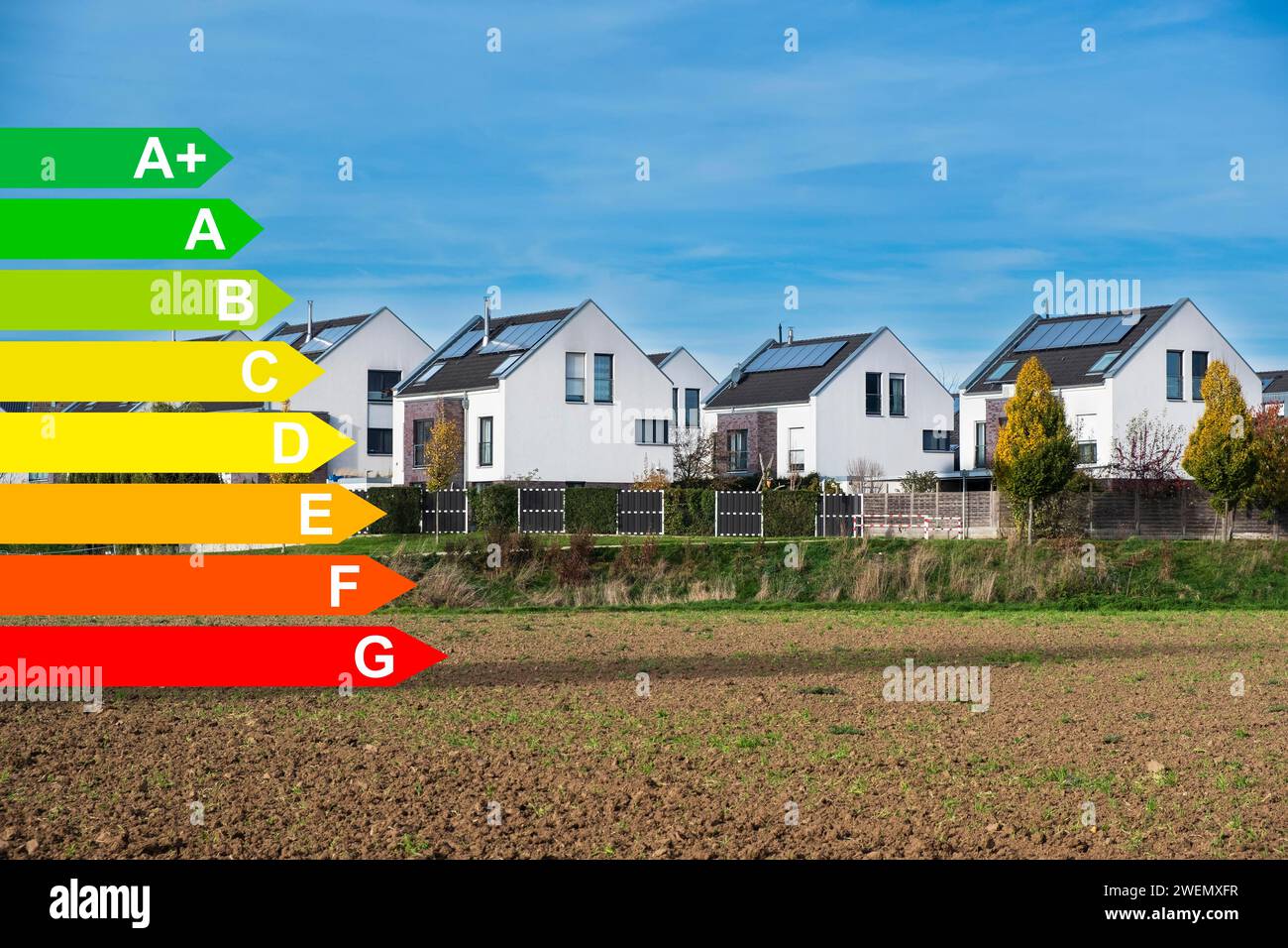Solar systems on the houses of a new housing estate, diagram with ...
