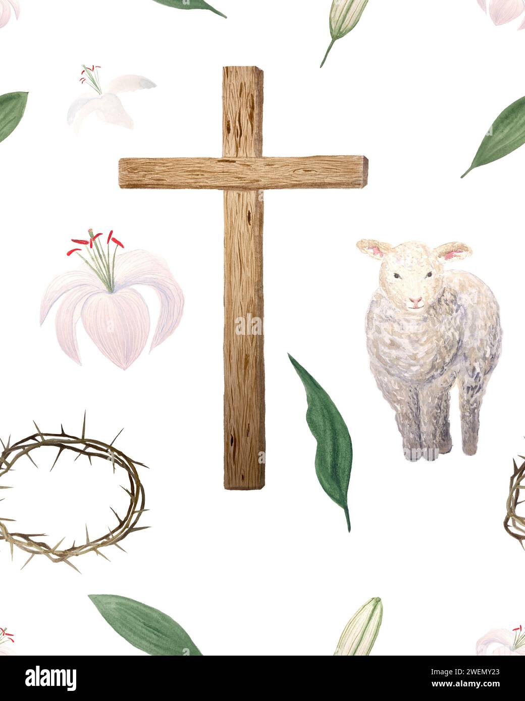 Watercolor wooden cross lamb peach tint lilies seamless pattern for ...