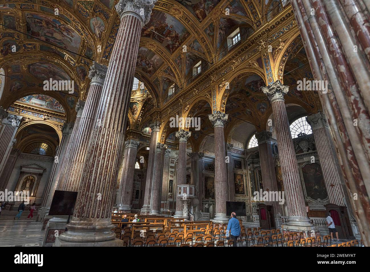 Interior with vault and columns of the Basilica della Santissima ...