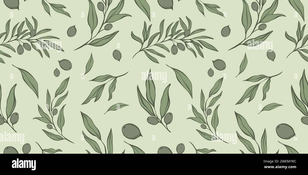 Seamless patterns with Olive Branch in Modern Minimal Liner Style ...