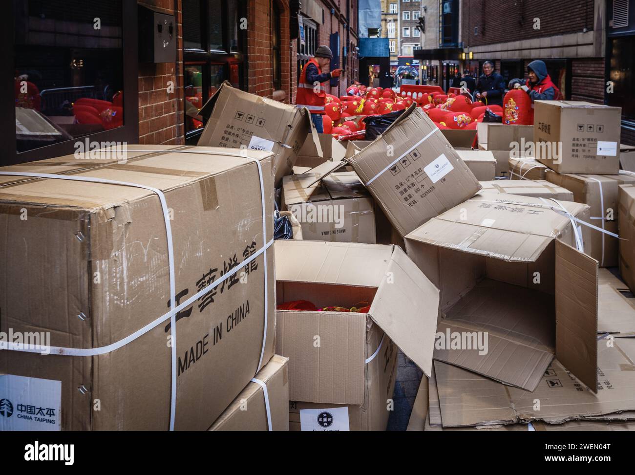Boxes full of red lanterns in London's Chinatown are prepared for the ...