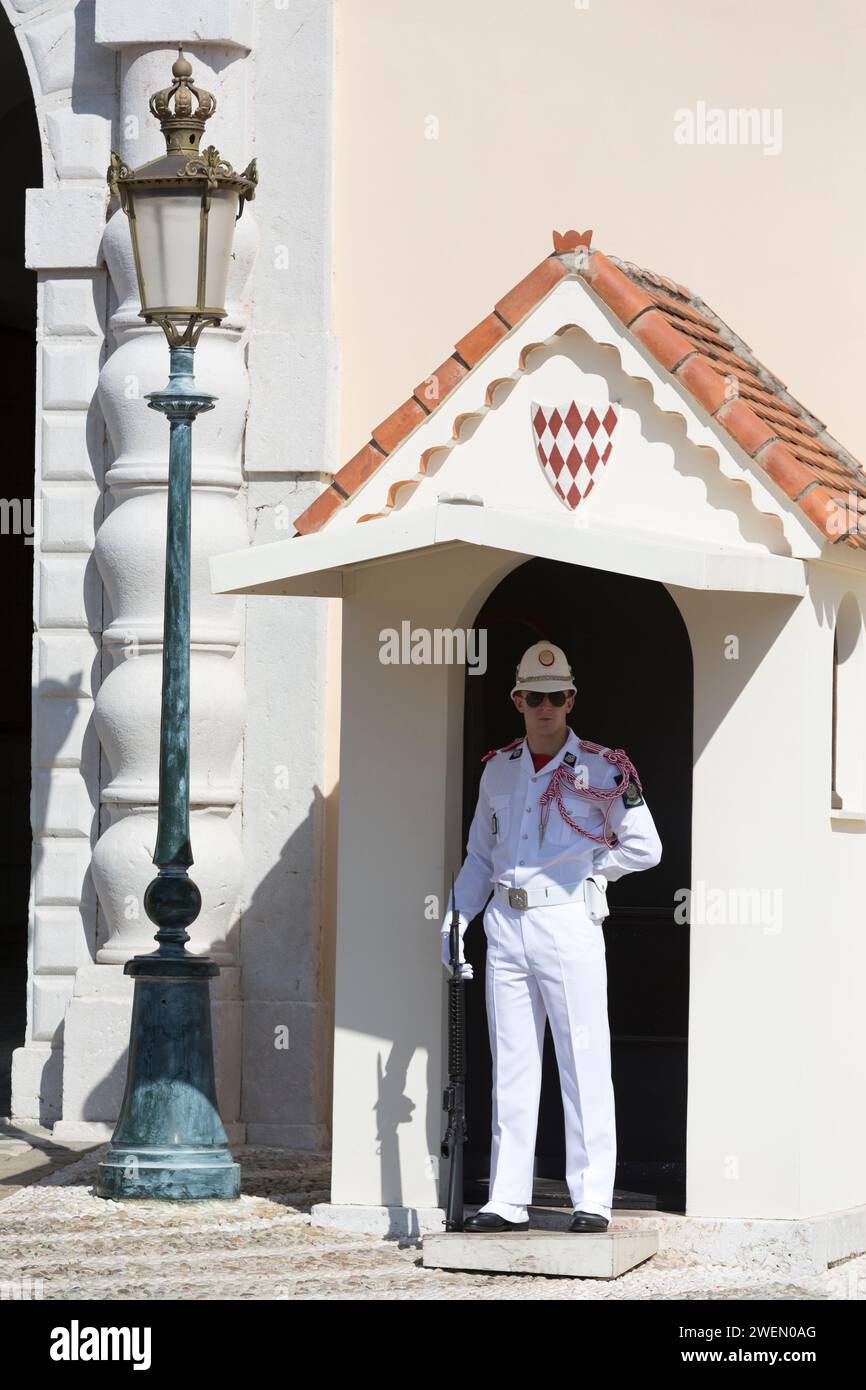 Monaco, the Prince's Palace Guard on guard duty at the Palace Stock ...