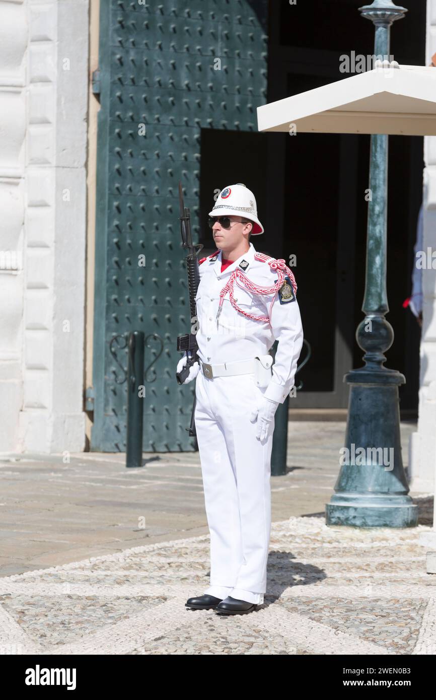 Monaco, the Prince's Palace Guard on guard duty at the Palace Stock ...