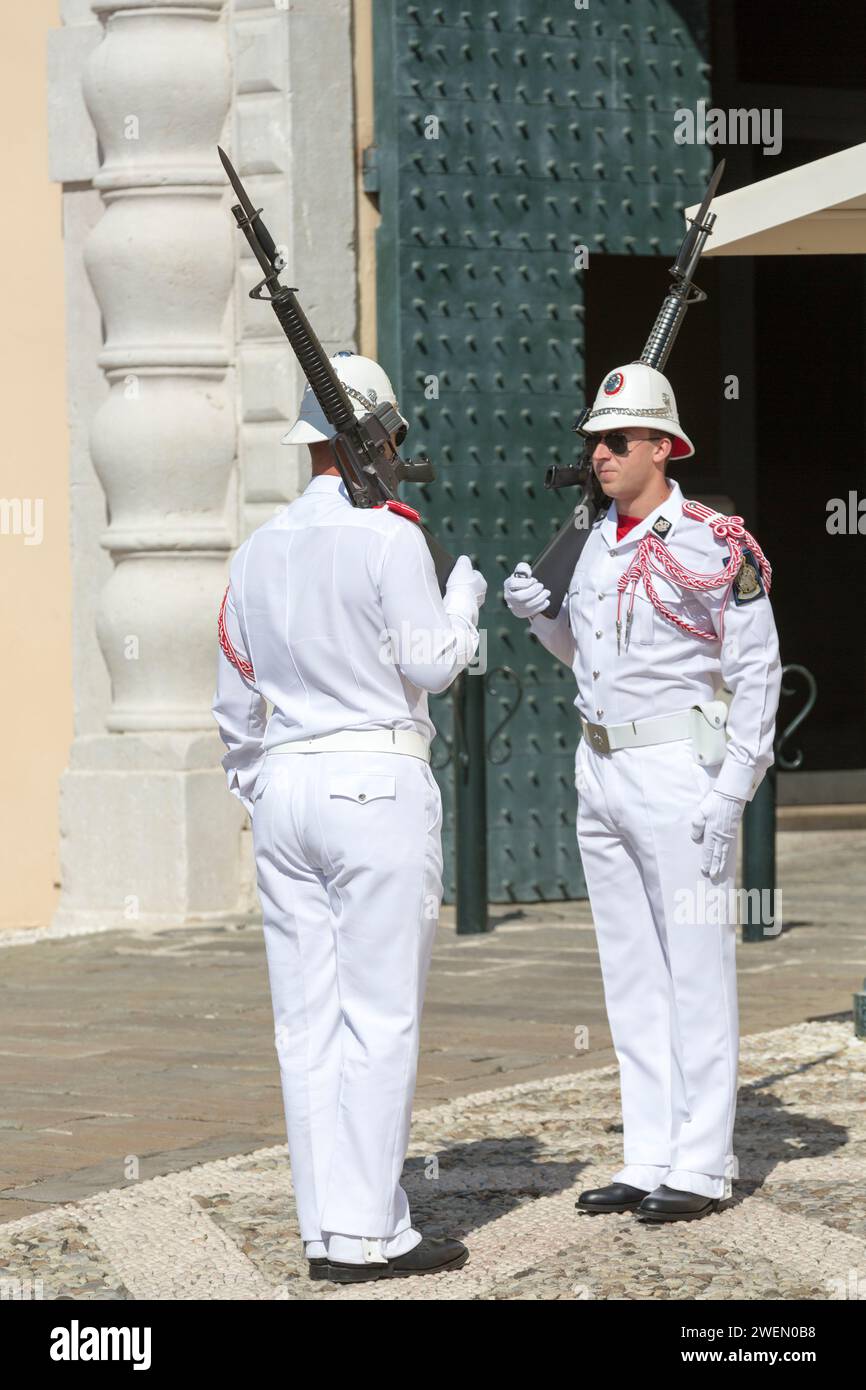 Monaco, the changing of the Prince's Palace Guard at the Palace every ...