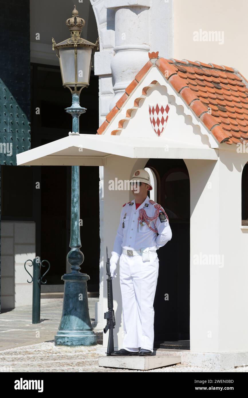 Monaco, the Prince's Palace Guard on guard duty at the Palace Stock ...
