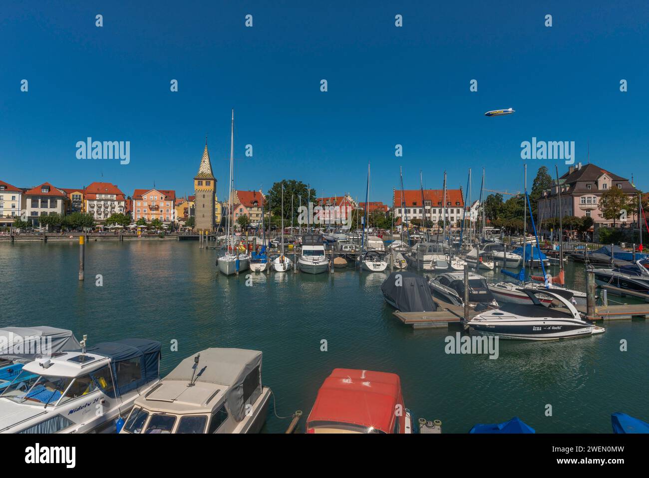 Lindau on Lake Constance, Zeppelin, cityscape, marina, man tower ...