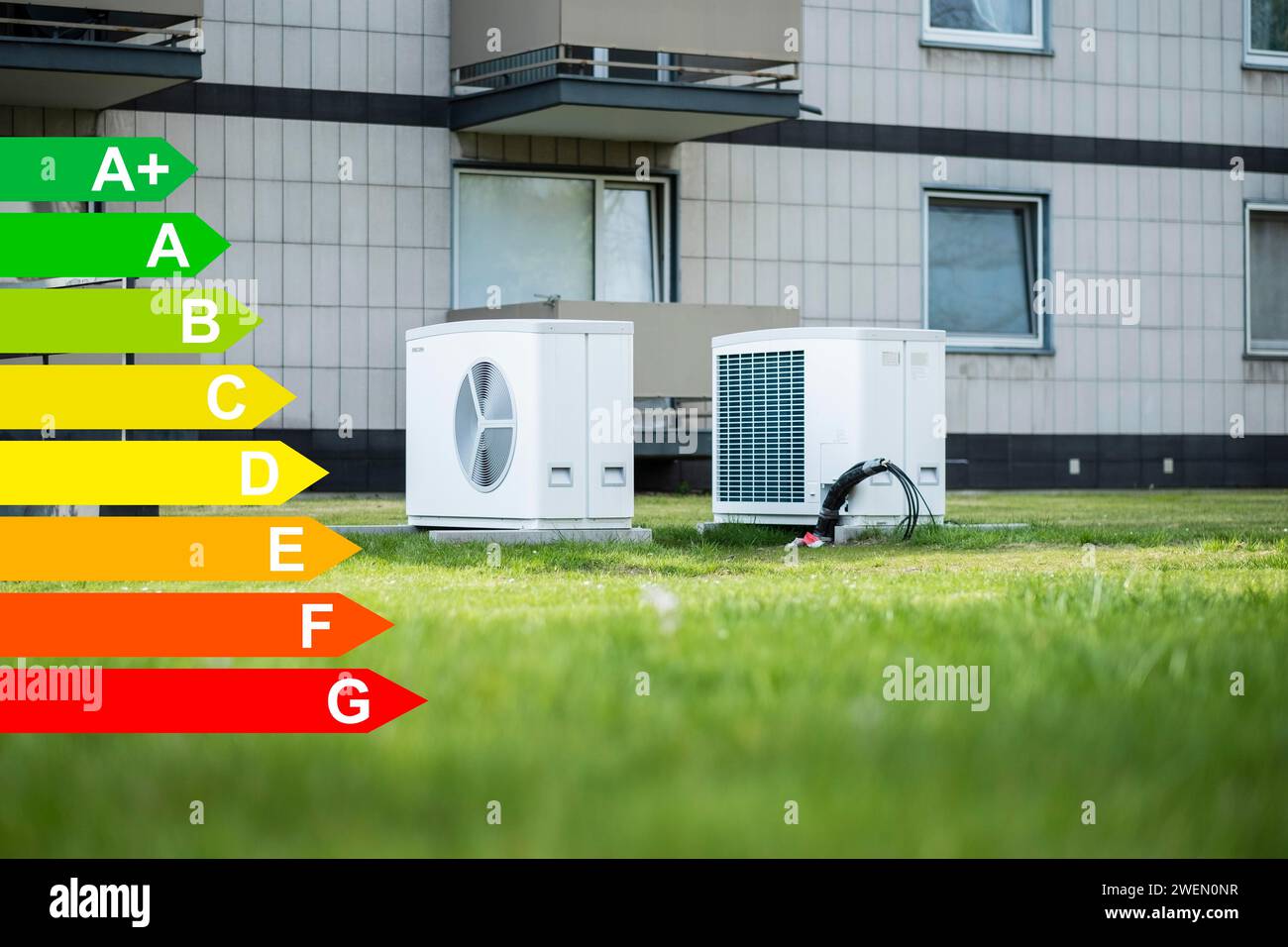 Two heat pumps on a lawn of a family home, graphic with energy ...