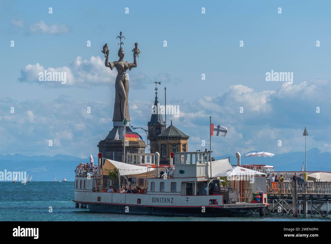 Constance on Lake Constance, harbour, restaurant ship, statue Imperia ...