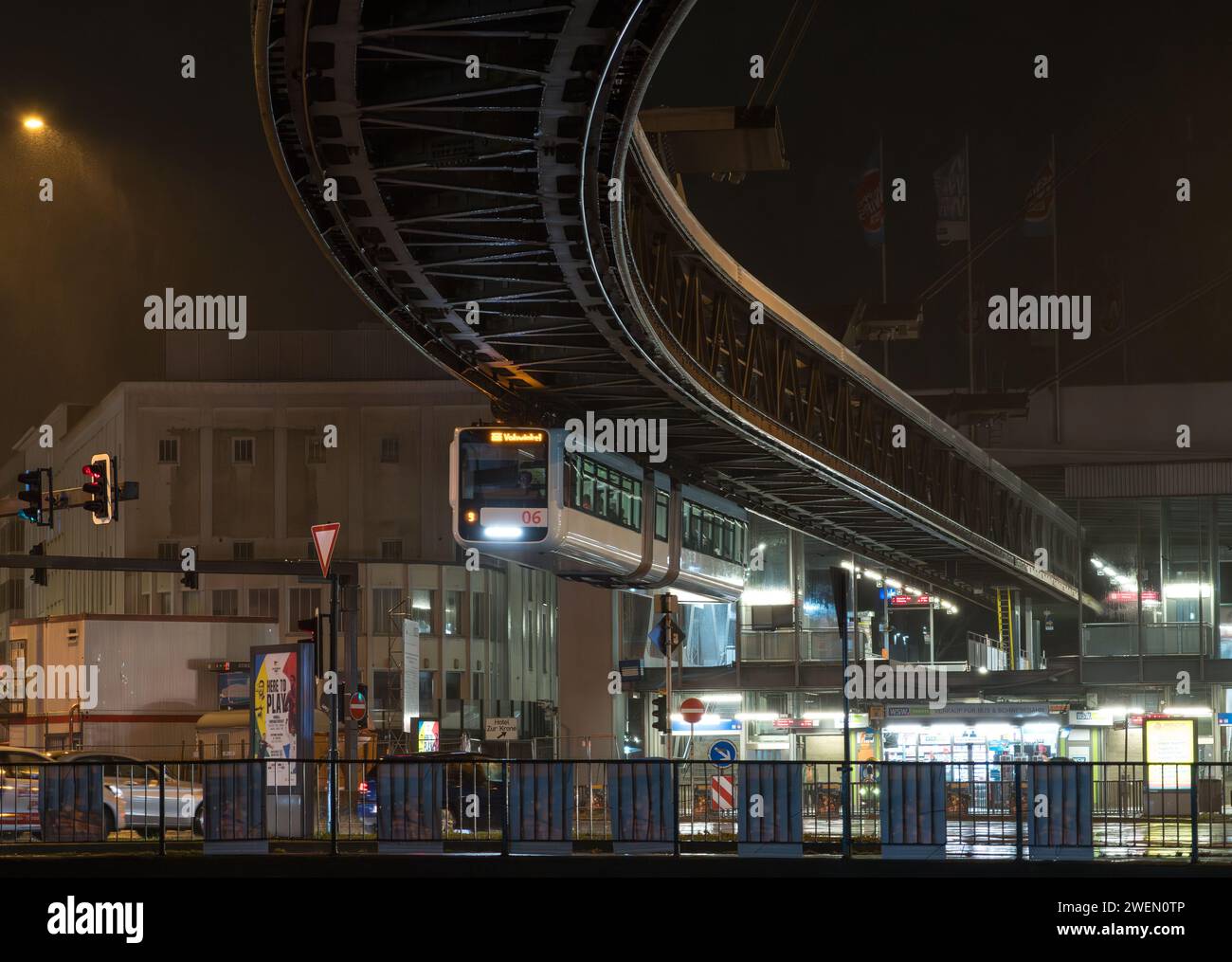 Night cityscape with schwebebahn monorail cable car at Alter Markt ...