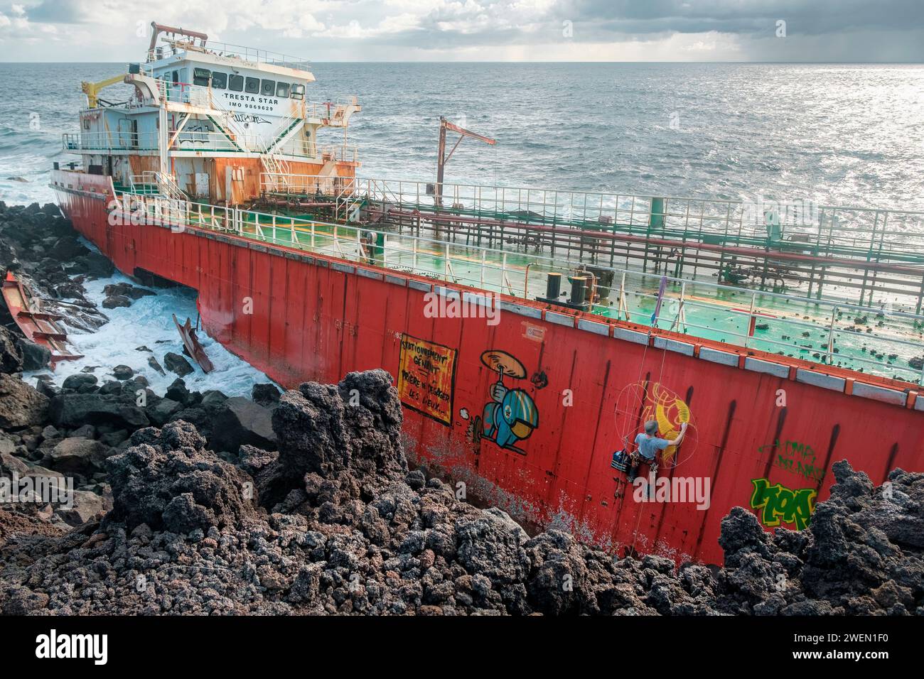 A red boat, identified as the shipwreck of Tresta Star in Tremblet ...