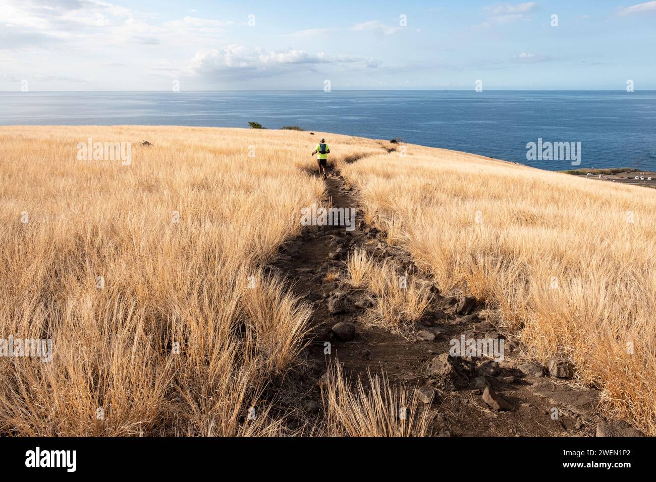 A man running a trail path in the scenic savanna of Cap La Houssaye on ...