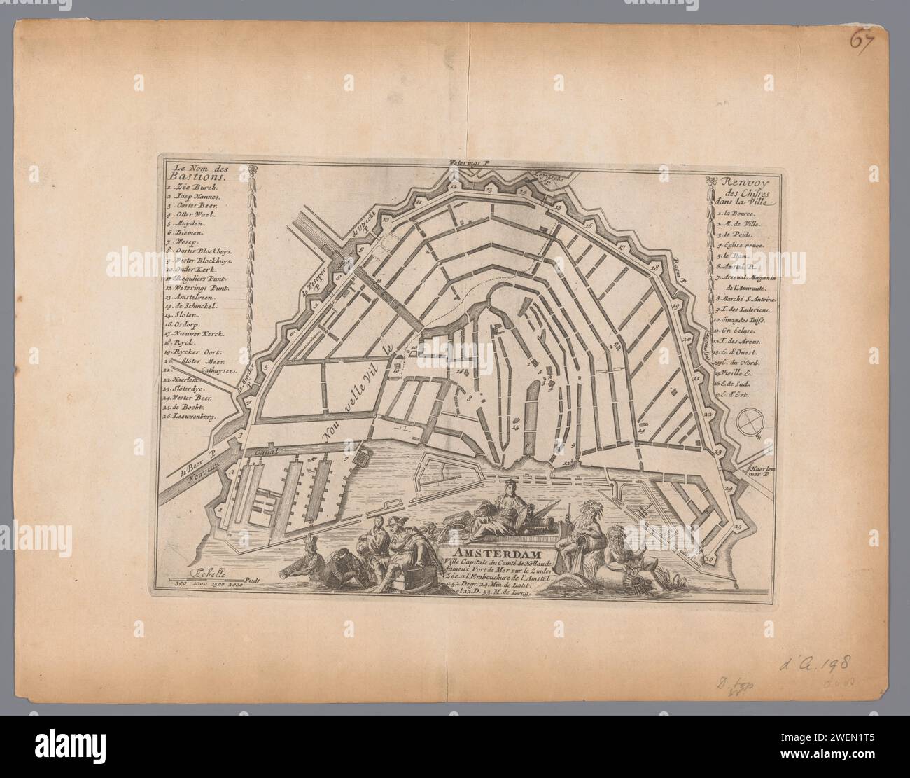 Map of Amsterdam with the old city walls, Anonymous, 1690 - 1695 print At the top right ...