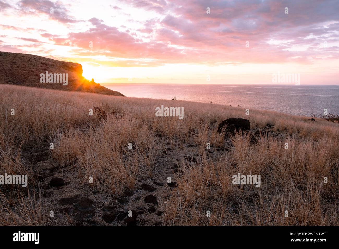 Scenic sunset over the cliffs and savana of Cap La Houssaye, on Reunion ...