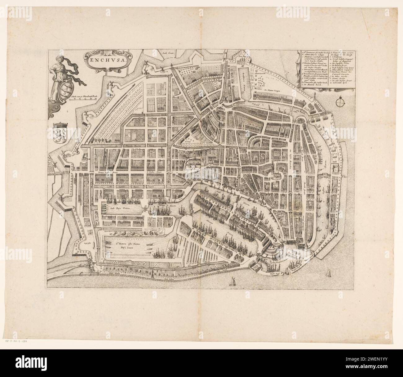 Map of Enkhuizen, Anonymous, c. 1698 - c. 1704 print Map in a nutshell perspective. At the top ...