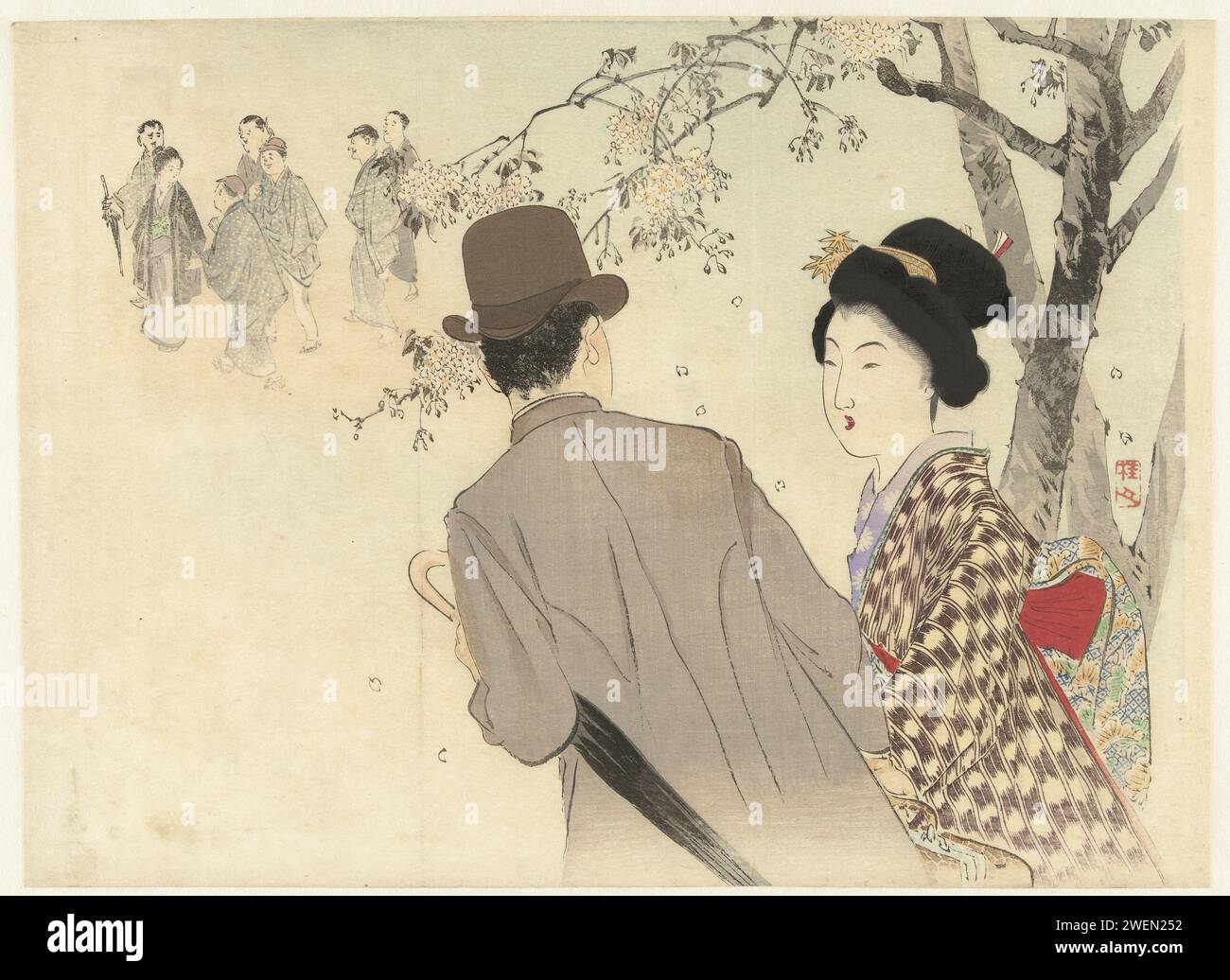 Man with bowler hat and umbrella and lady in Kimono, Takeuchi Keishu ...