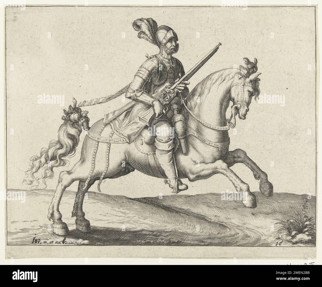 Rider with Harquebus, turned left, 1640 print A harnessed man on ...