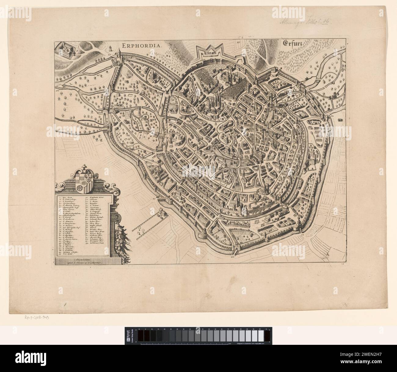 Map of Erfurt, Anonymous, 1721 - 1774 print paper etching / engraving maps of cities. coat of ...