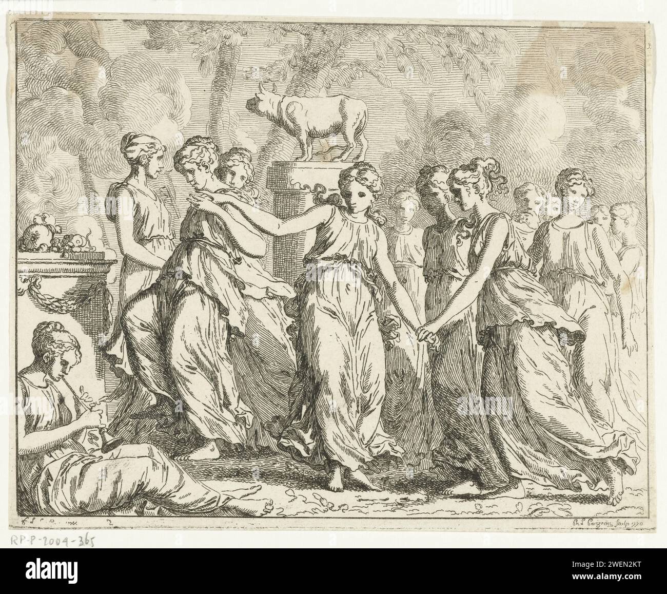 Dance around an image, 1770 print A group of nymphs dances in a circle ...
