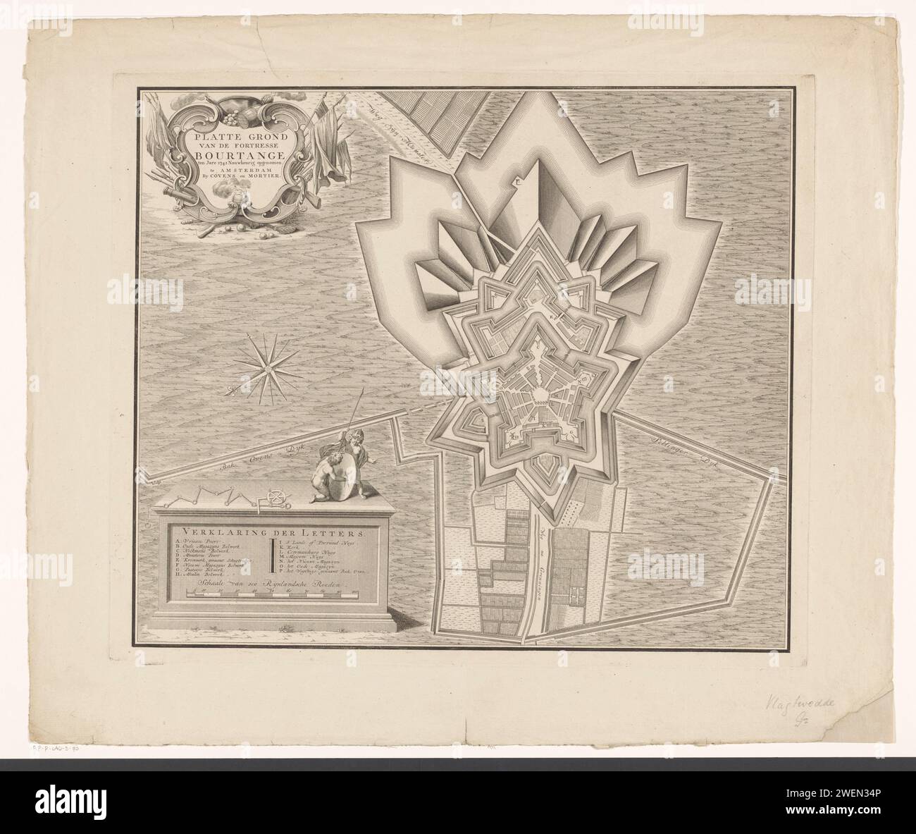 Fortress map of Bourtange in 1742, Anonymous, 1743 print TitleCartouche ...