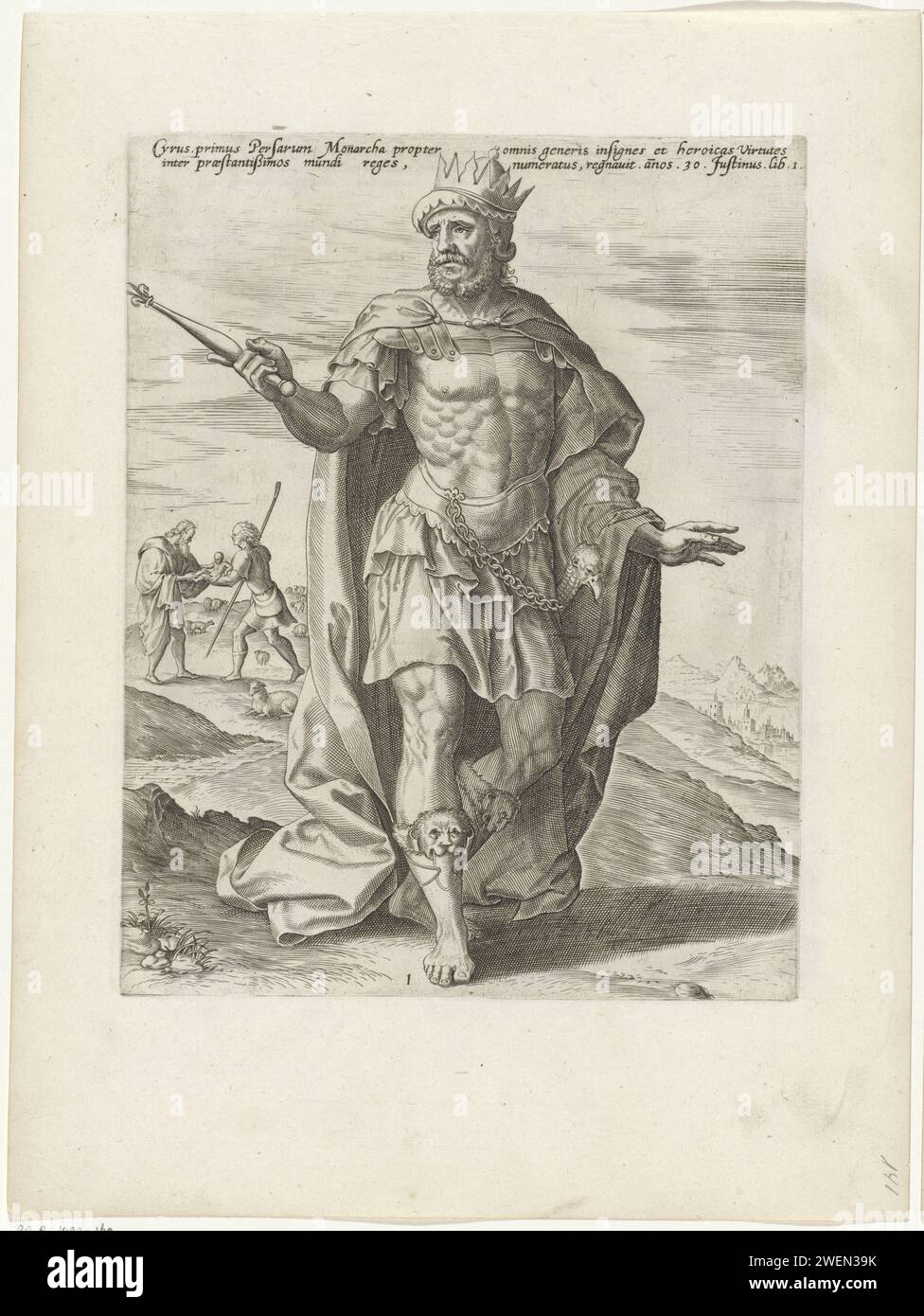 Koning Cyrus, anonymous, 1585 print King Cyrus of Persia standing with ...
