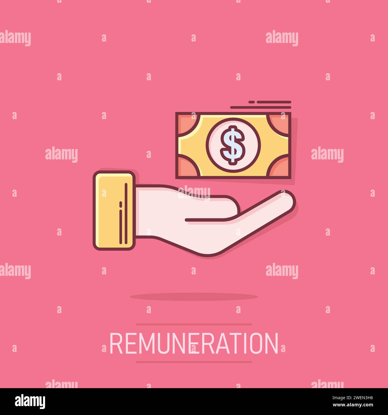 Remuneration icon in comic style. Money in hand cartoon vector ...