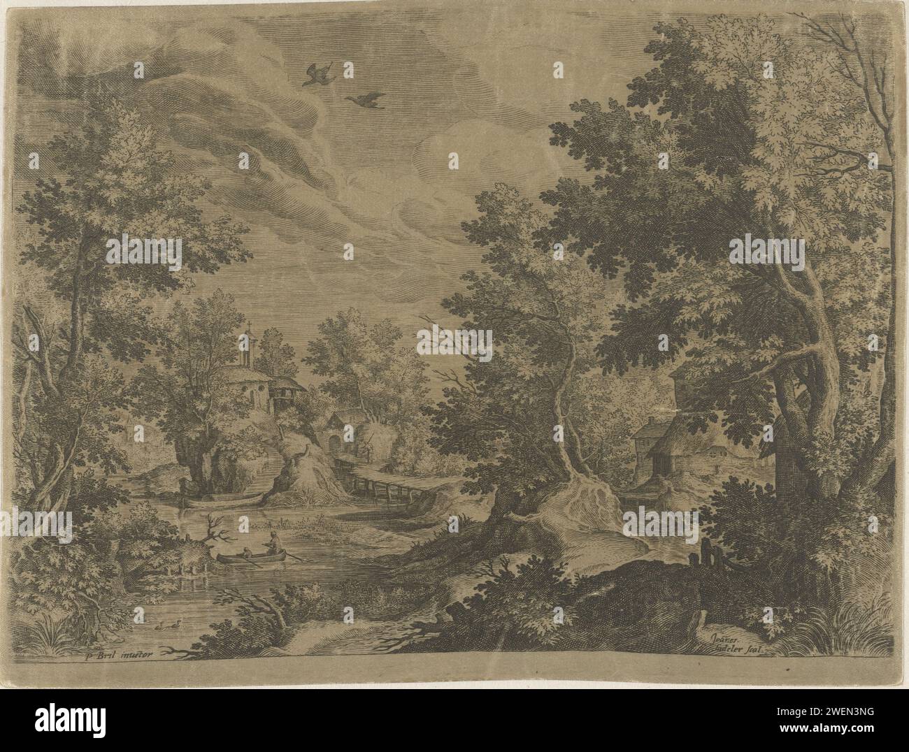 River landscape with a rowing boat, 1560 - 1600 print Landscape with a ...