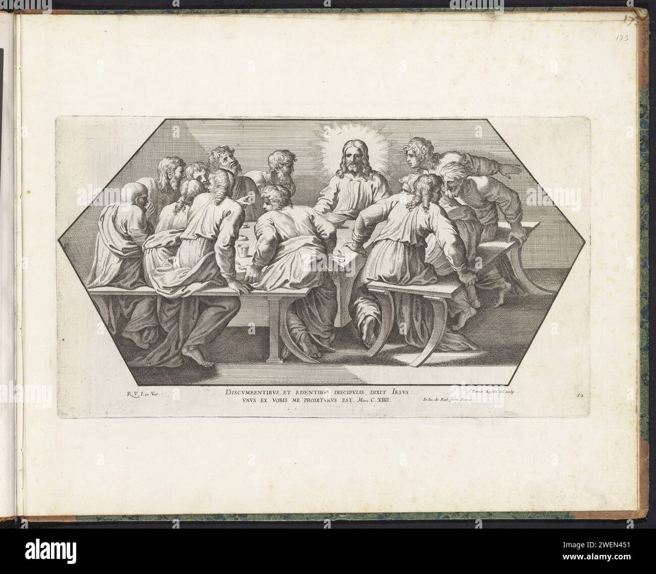 Last Supper, Pietro Aquila, After Rafaël, 1675 print Christ sits with his students around a ...