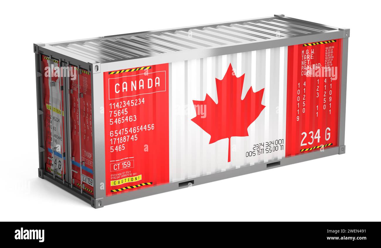 Freight shipping container with national flag of Canada on white ...
