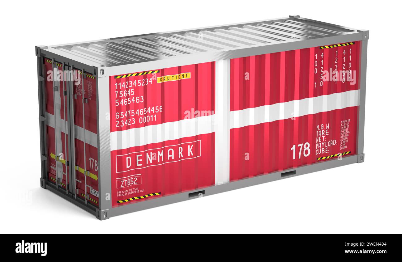 Freight shipping container with national flag of Denmark on white ...