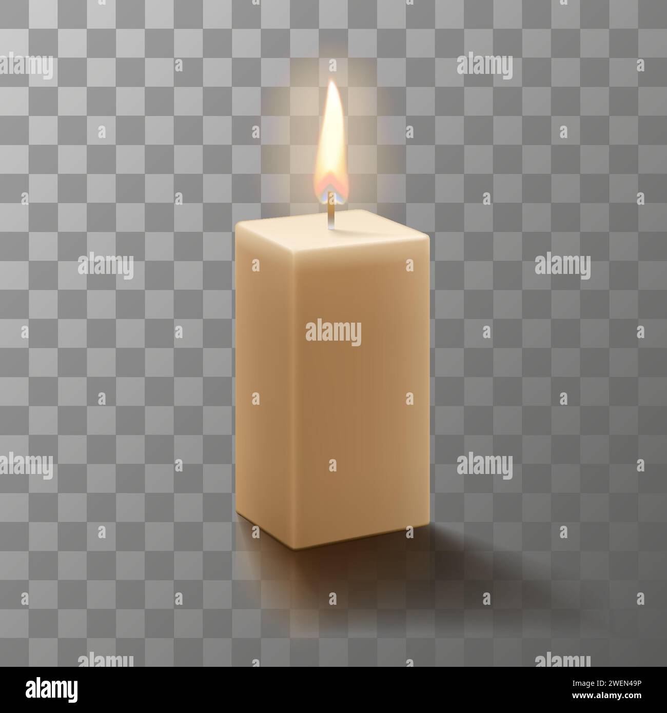 Burning rectangular wax candle. isolated on transparent background ...