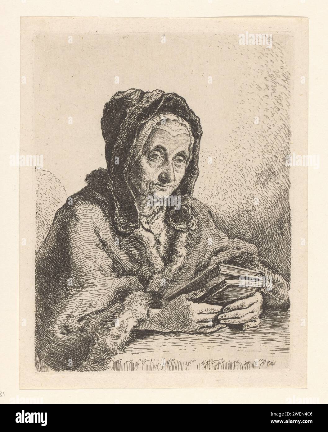 Old woman with book, Joachim Martin Falbe, c. 1750 - c. 1752 print ...