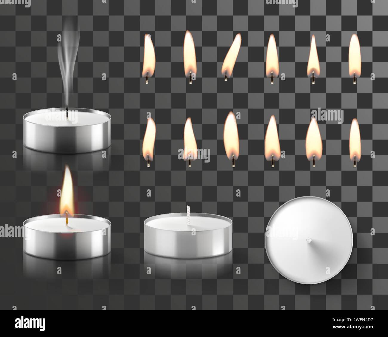Set of Burning Tea candle and flames different shapes isolated on ...