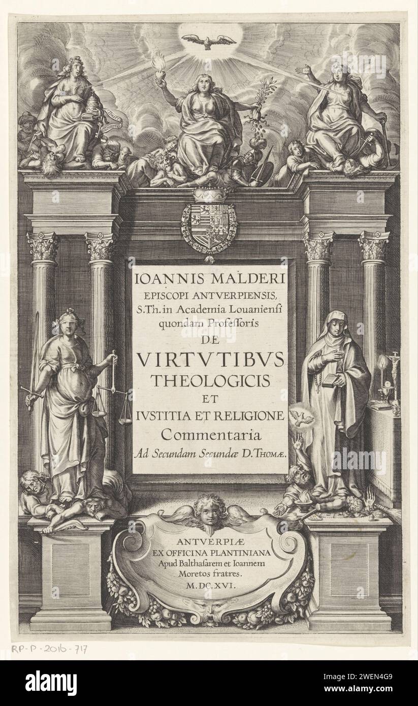 Justice and religion, Anonymous, 1616 print An architectural setting ...
