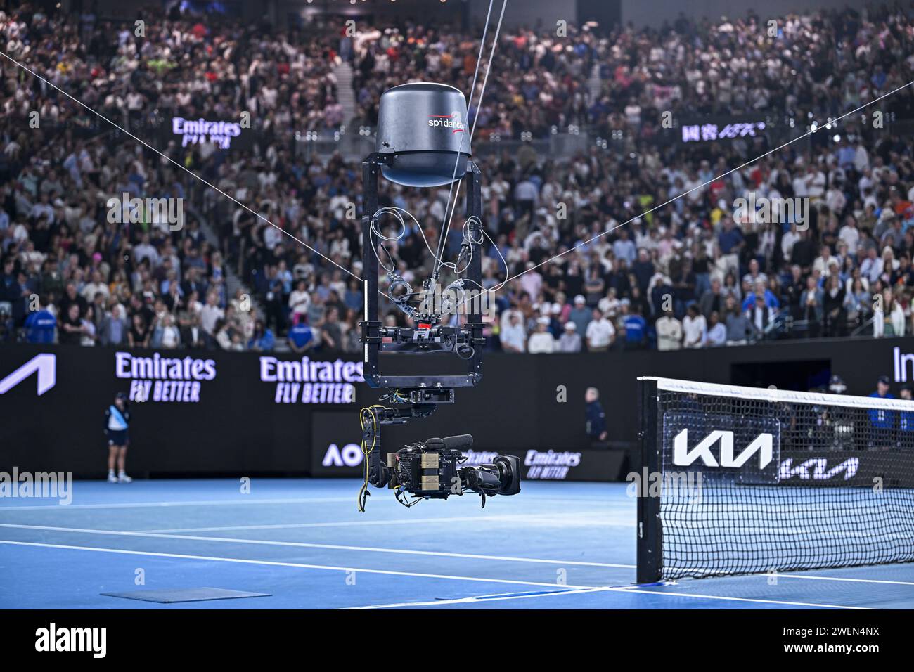 A TV television cable cam spidercam or Spider camera during the ...