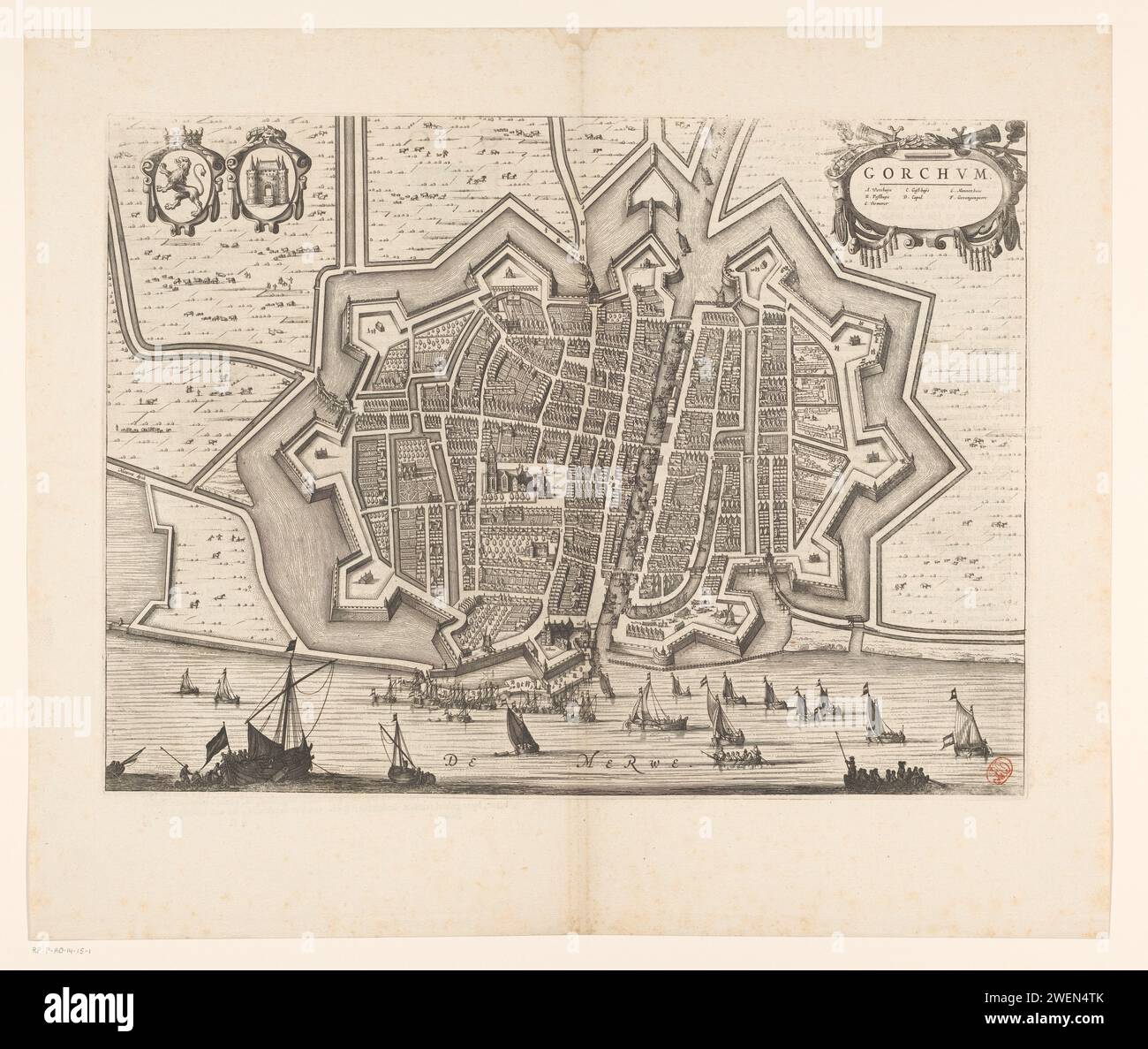 Map of Gorinchem, Anonymous, 1652 print Map in a nutshell perspective. At the top left the ...